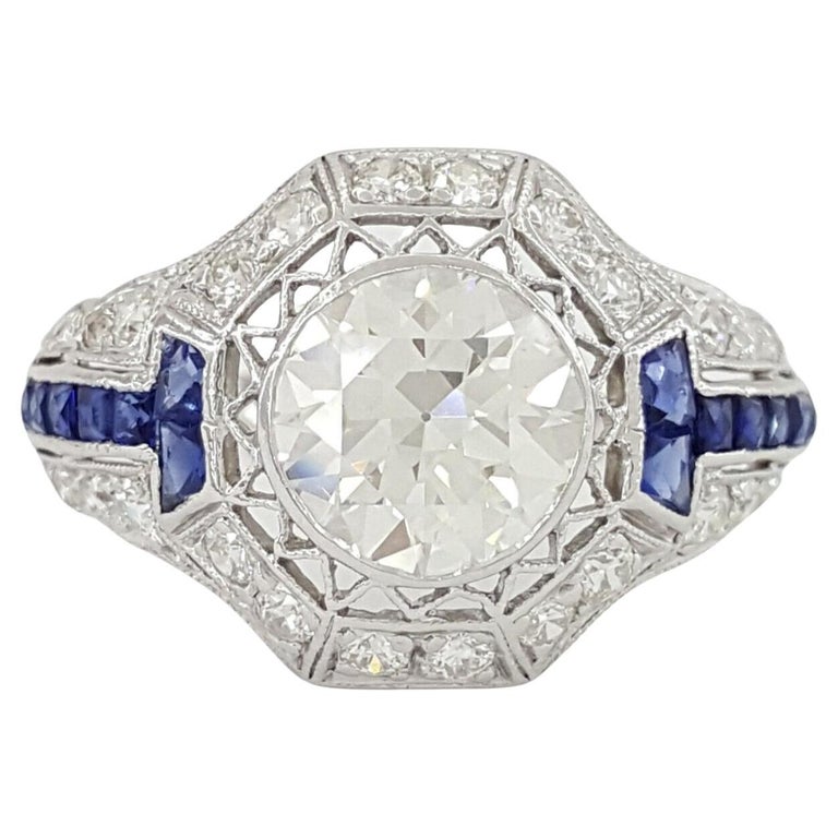 Art Deco Platinum Old European Round Brilliant Cut Diamond and Sapphire ...