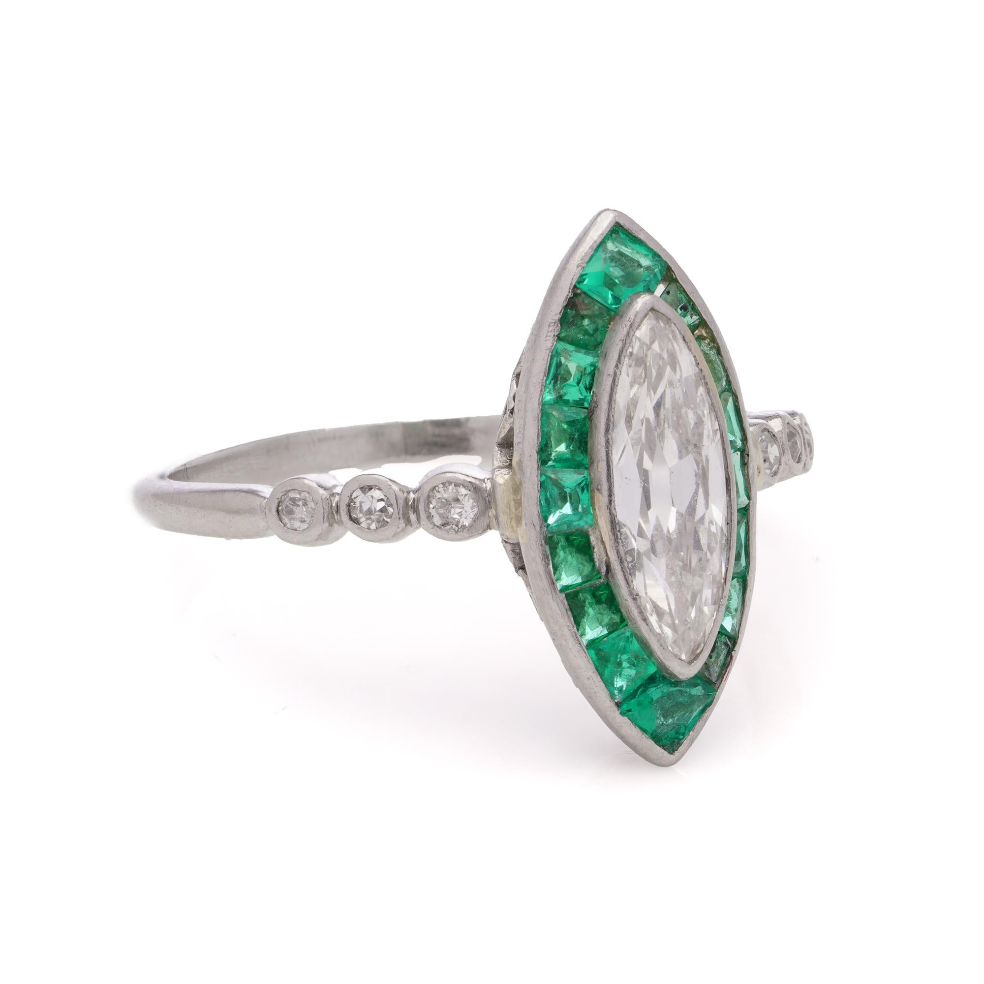 Art Deco platinum ring featuring a marquise-shaped central diamond ring ...