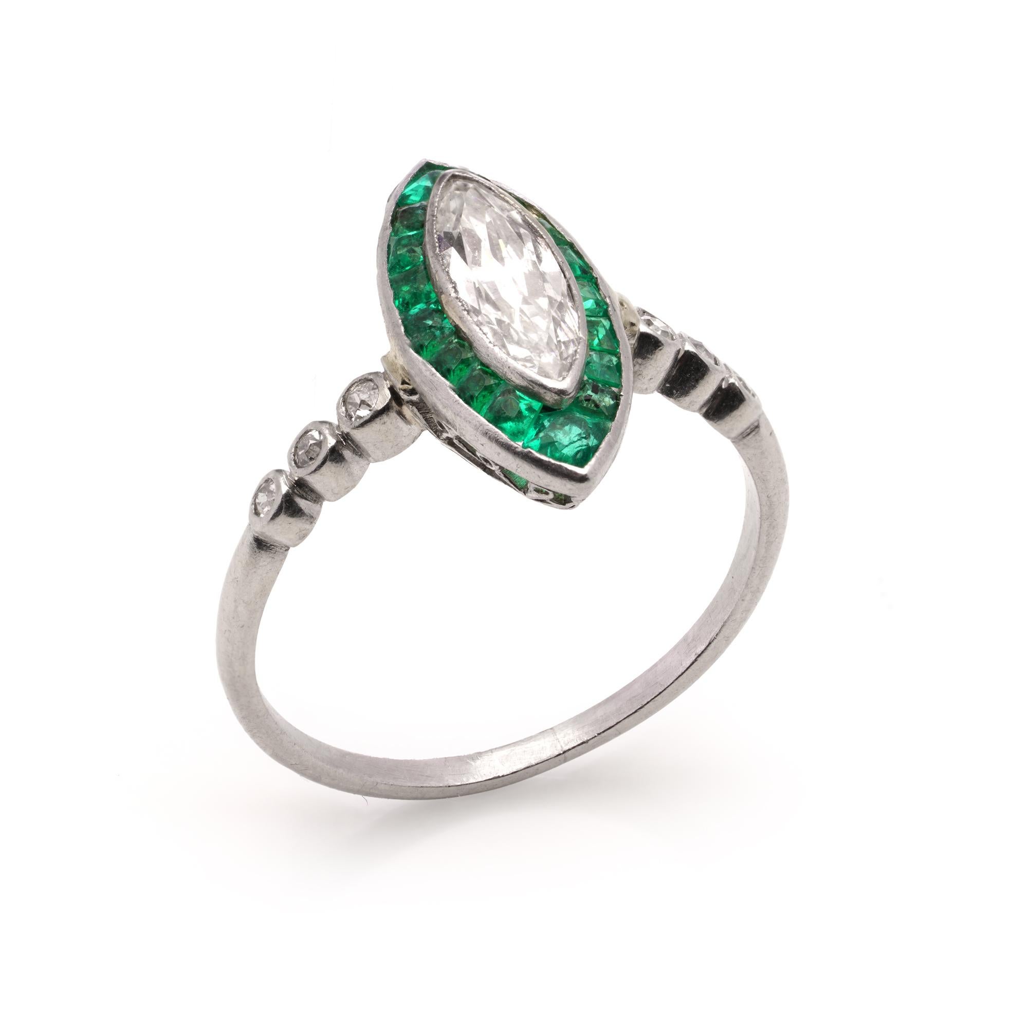 Art Deco platinum ring featuring a marquise-shaped central diamond ring ...