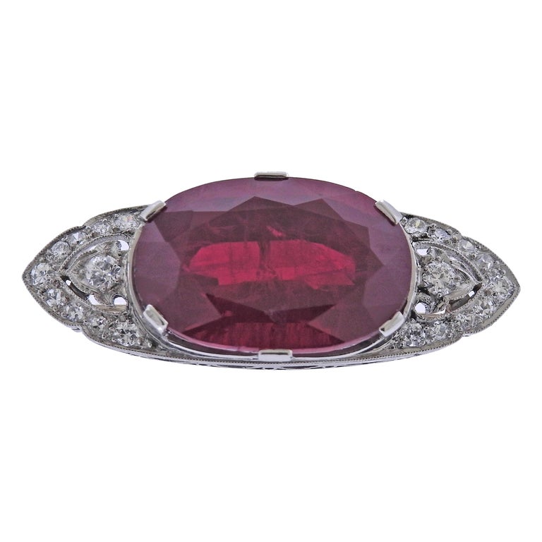 Art Deco Platinum Ruby Diamond Brooch at 1stDibs