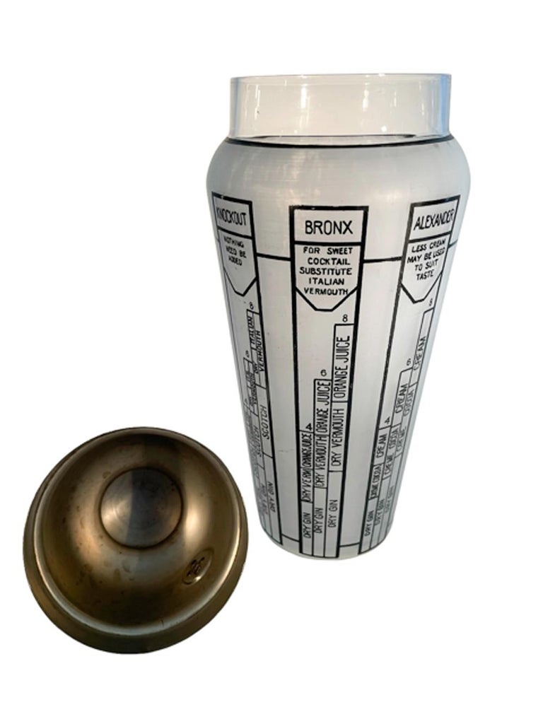 Art Deco Recipe Cocktail Shaker Black Graphics On Frosted Ground And