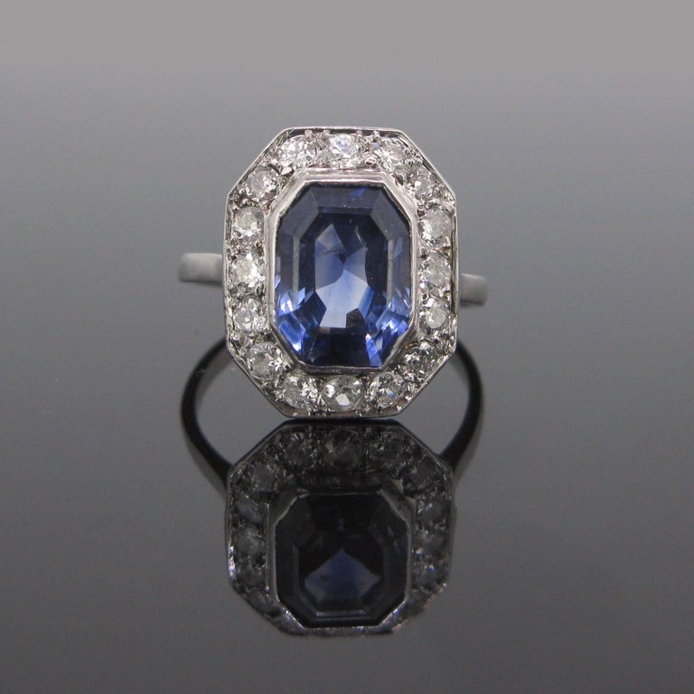 Art Deco Rectangular Ceylon Sapphire Diamond Round Cluster Platinum ...