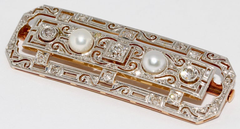 Art Deco Rectangular Gold Brooch with Diamonds and Natural Pearls For ...