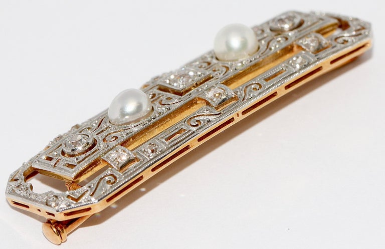 Art Deco Rectangular Gold Brooch with Diamonds and Natural Pearls For ...