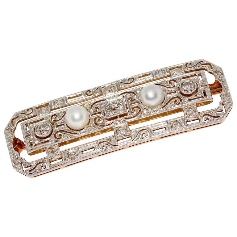 Art Deco Rectangular Gold Brooch with Diamonds and Natural Pearls For ...