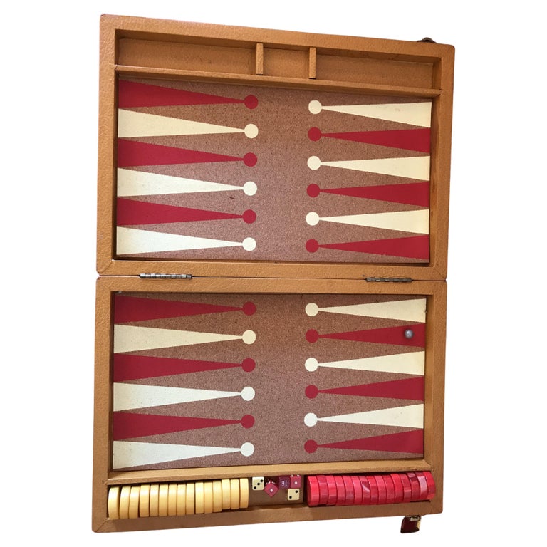 Art Deco Red and White Cork and Bakelite Folding Backgammon Game Set in a Wood Case For Sale at ...