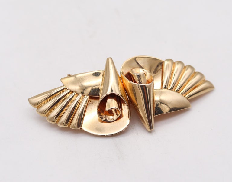 Art Deco Retro 1935 Convertible Double Clips Brooch in 14Kt Yellow Gold ...