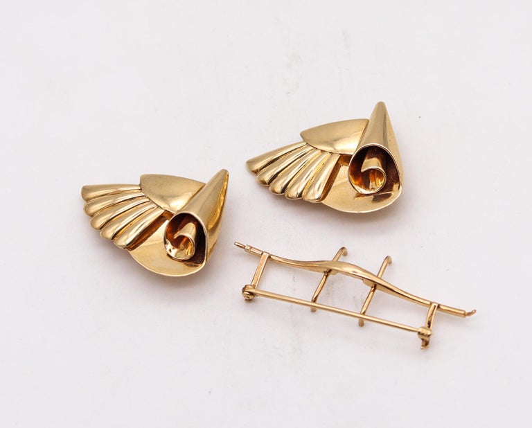 Art Deco Retro 1935 Convertible Double Clips Brooch in 14Kt Yellow Gold ...