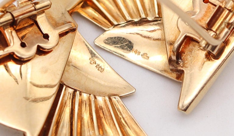 Art Deco Retro 1935 Convertible Double Clips Brooch in 14Kt Yellow Gold ...