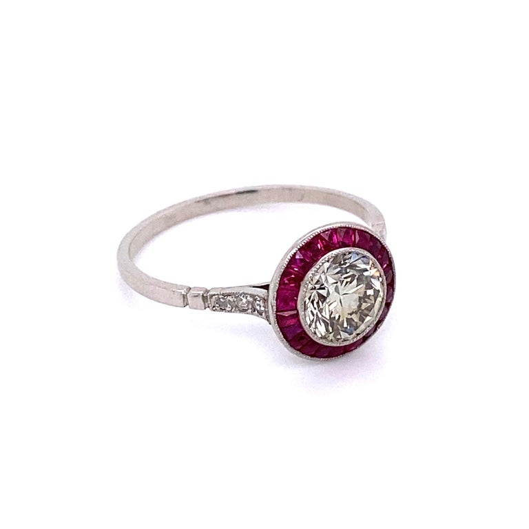 Art Deco Revival 1.12 Carat Diamond Ruby Platinum Halo Ring Estate Fine ...