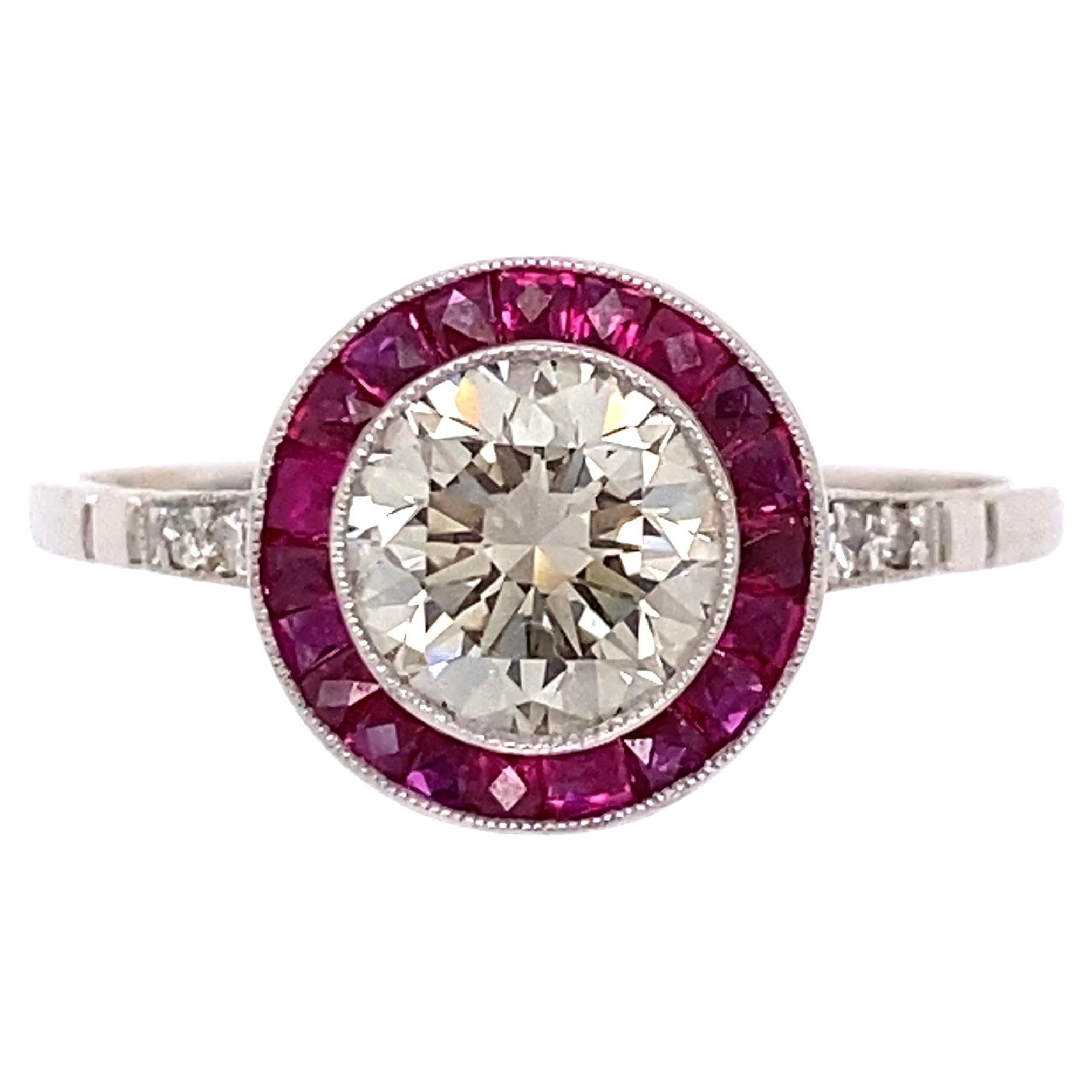 Art Deco Revival 1.12 Carat Diamond Ruby Platinum Halo Ring Estate Fine ...