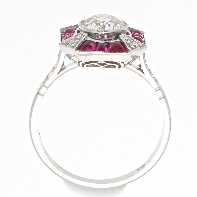 Art Deco Revival Old European Cut Diamond Ruby Platinum Ring at 1stDibs