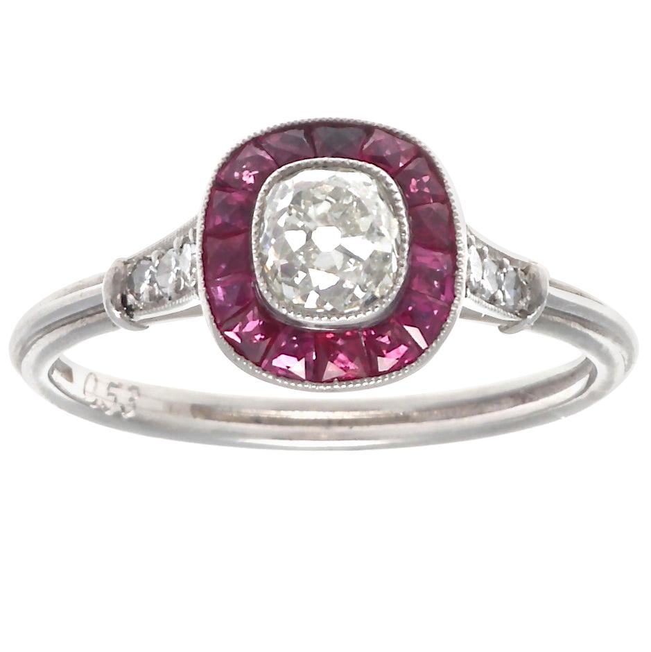 Art Deco Style Old Mine Cut Diamond Ruby Platinum Ring For Sale at 1stDibs