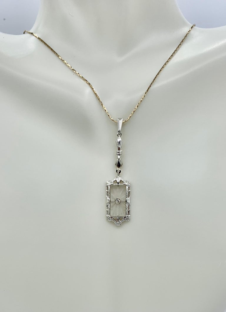 Art Deco Rock Crystal Old Mine Diamond Pendant Necklace Filigree 14K ...