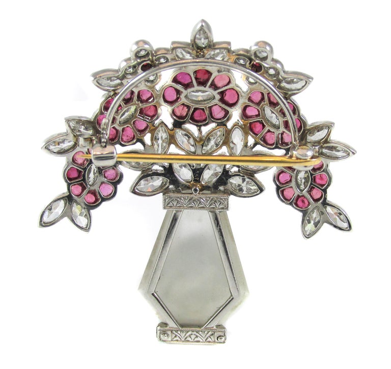 Art Deco Rock Crystal Ruby Diamond Platinum Brooch For Sale at 1stDibs