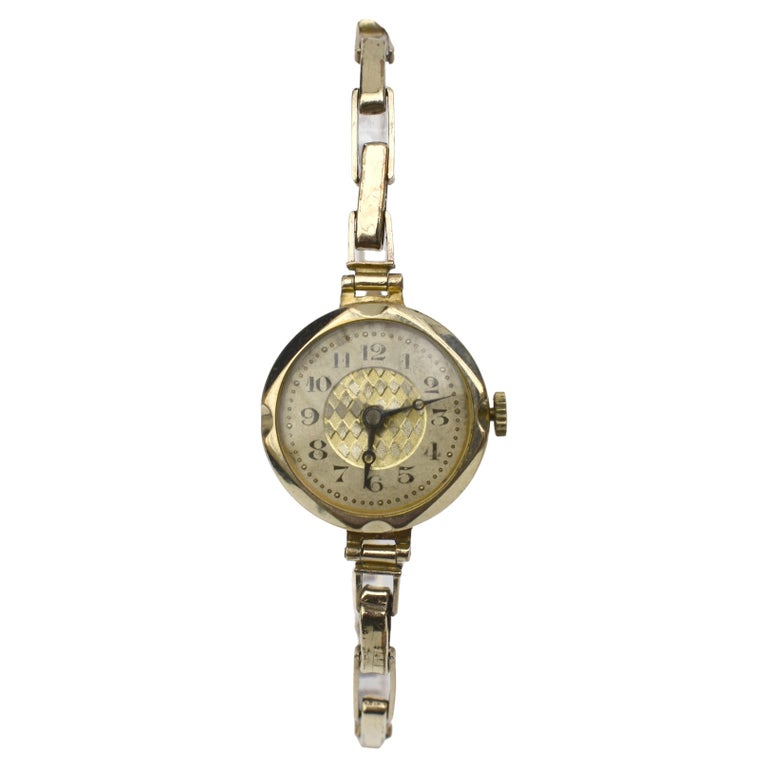 Art Deco Damenuhr, gerolltes Gold Harlekin-Zifferblatt mit 15 Juwelen ...