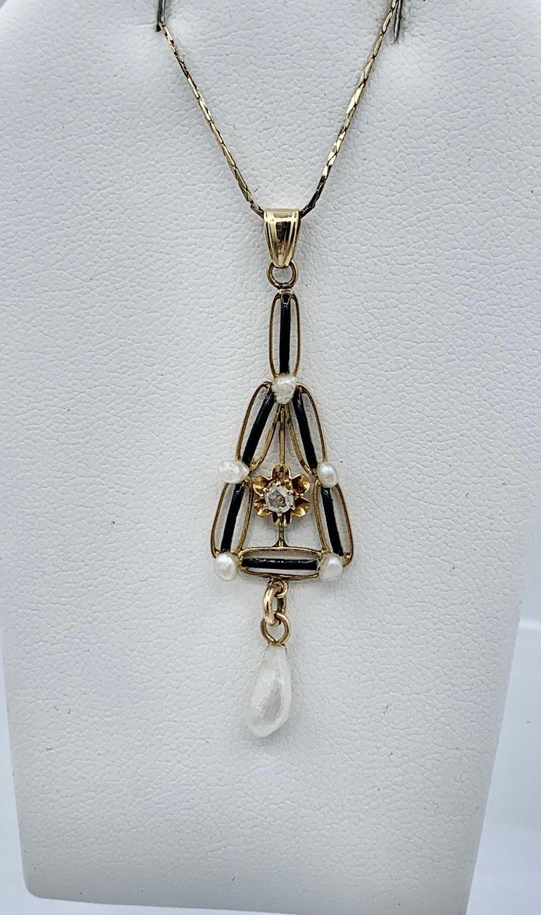 Art Deco Rose Cut Diamond Enamel Pearl Pendant Lavaliere 14 Karat Gold ...