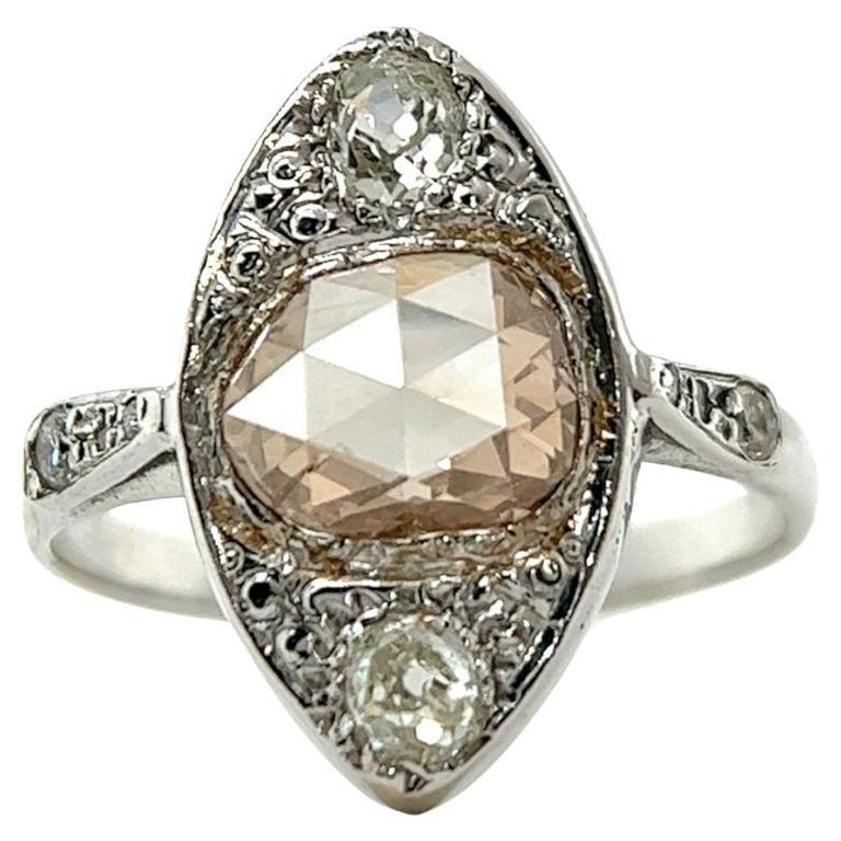 Art Deco Rose Cut Diamond Platinum Navette Dinner Ring For Sale at 1stDibs