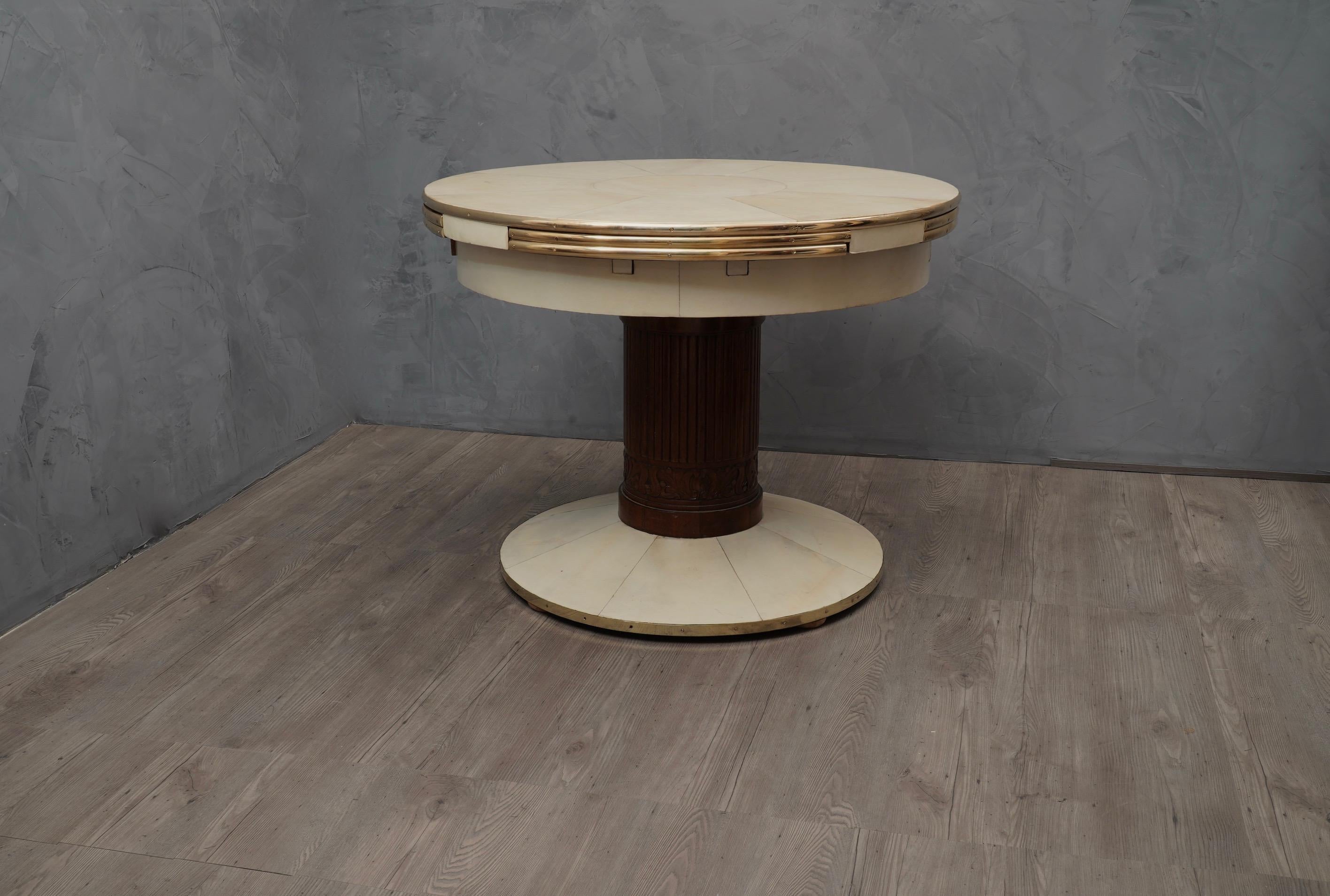 Art Deco Round Ash Brass and Goatskin Openable Table, 1920 at 1stDibs