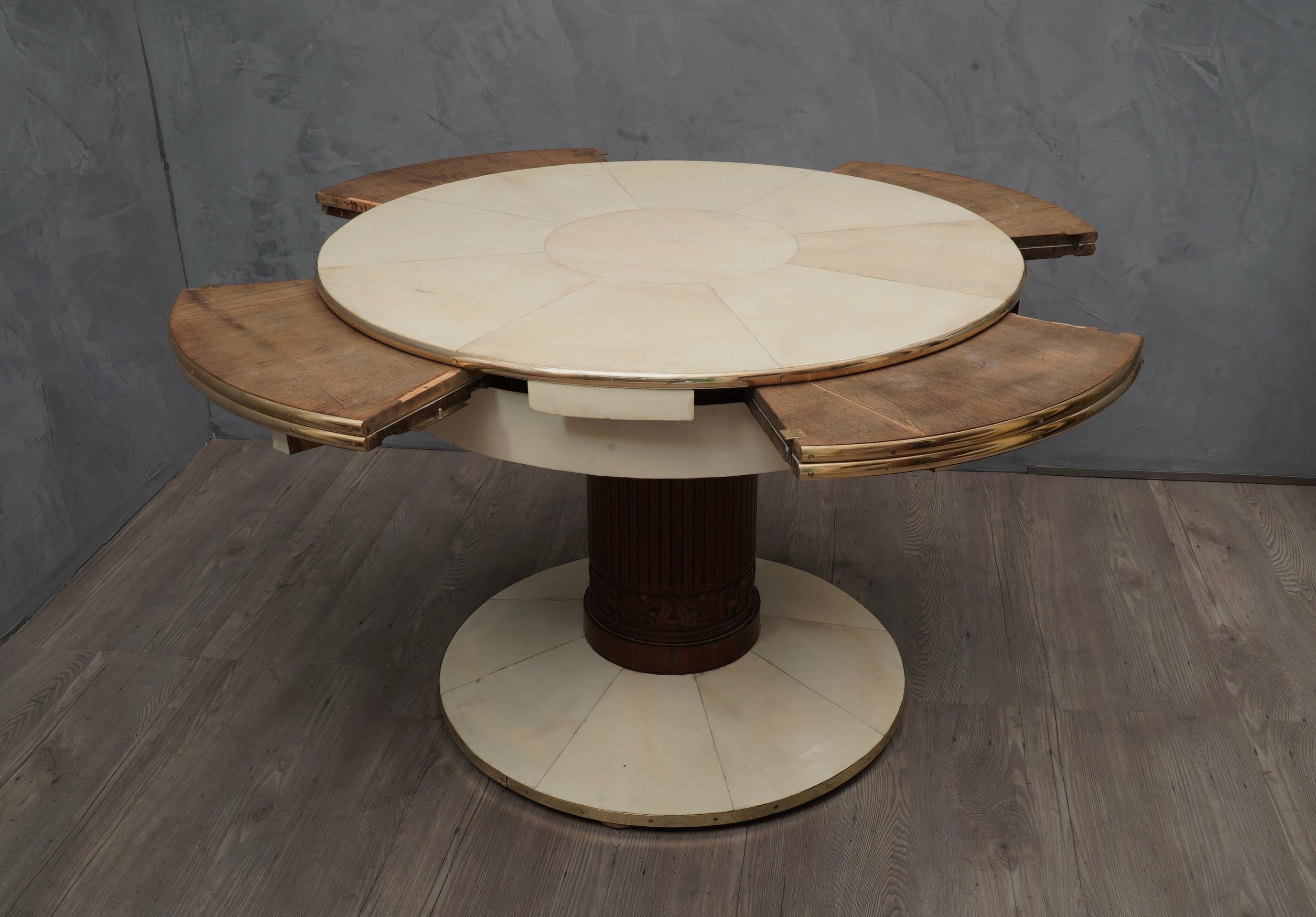 Art Deco Round Ash Brass and Goatskin Openable Table, 1920 at 1stDibs