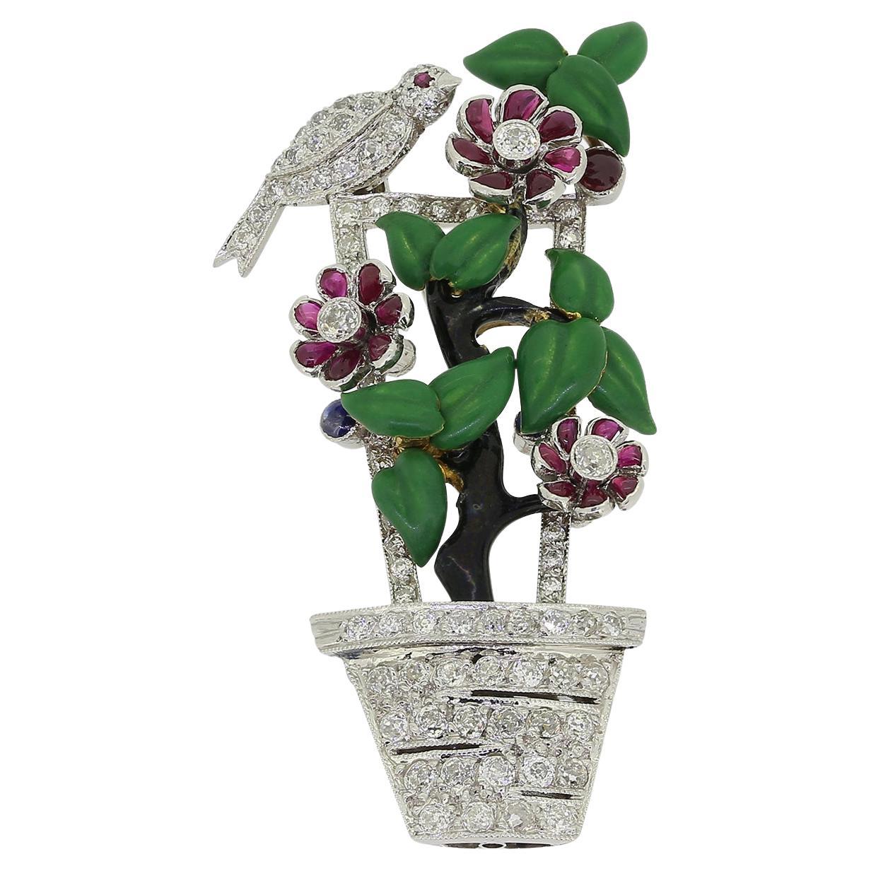Art Deco Ruby and Diamond Flower Pot Brooch For Sale at 1stDibs