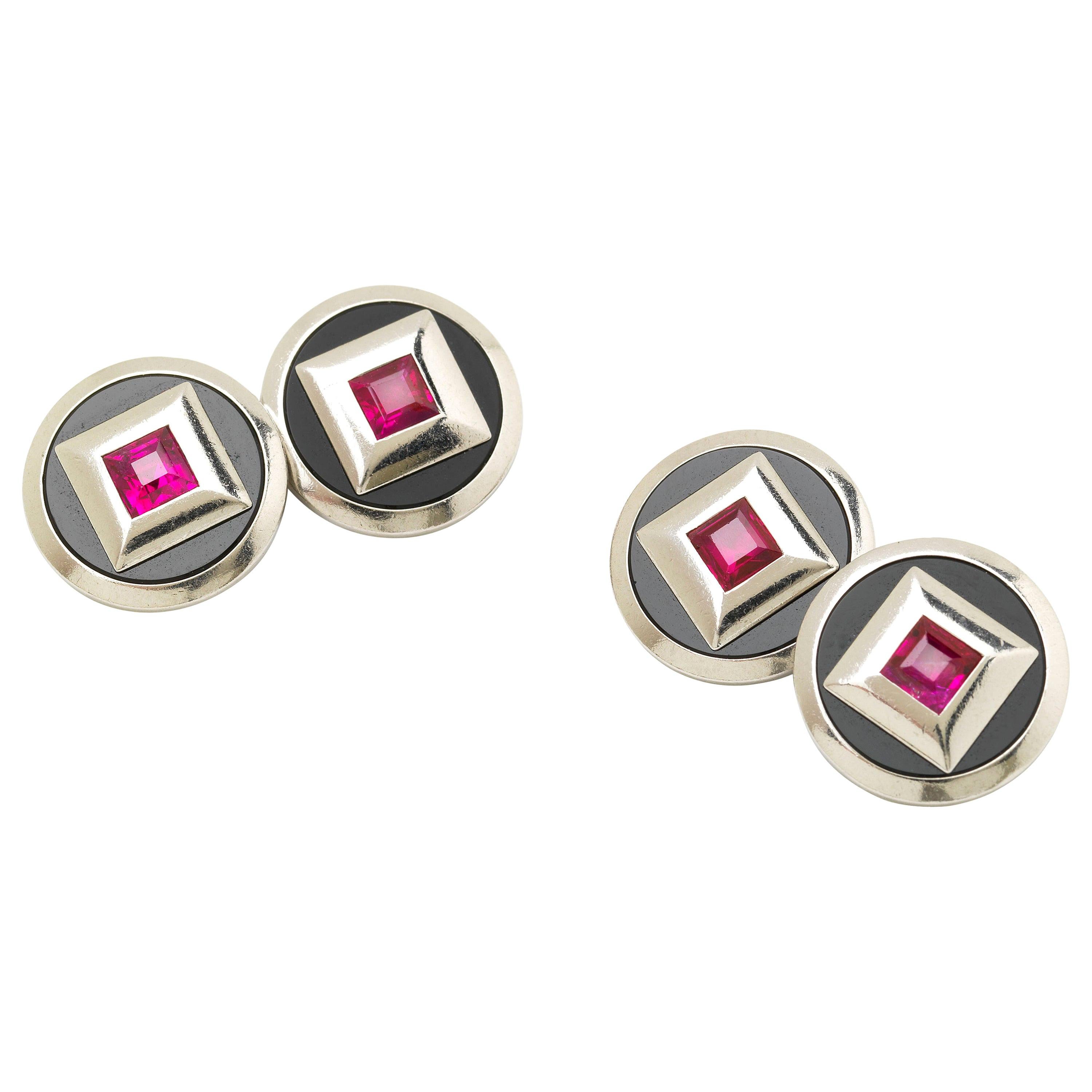 Pair of Art Deco Style Ruby and Diamond Cufflinks For Sale at 1stDibs