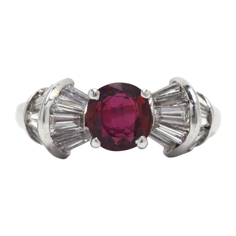 Art Deco Ruby Engagement Ring Diamond Baguette Bow Design Vintage ...