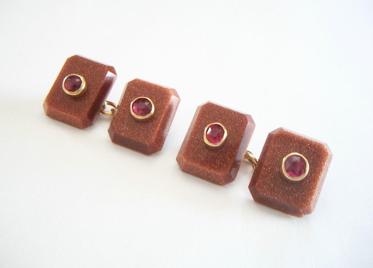 Art Deco Ruby, Goldstone and 18K Yellow Gold Cufflinks, U.K, Circa 1920 ...