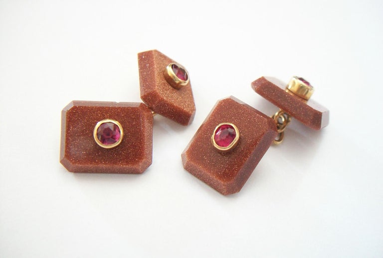 Art Deco Ruby, Goldstone and 18K Yellow Gold Cufflinks, U.K, Circa 1920 ...