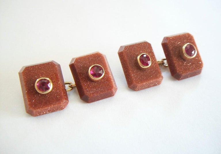 Art Deco Ruby, Goldstone and 18K Yellow Gold Cufflinks, U.K, Circa 1920 ...