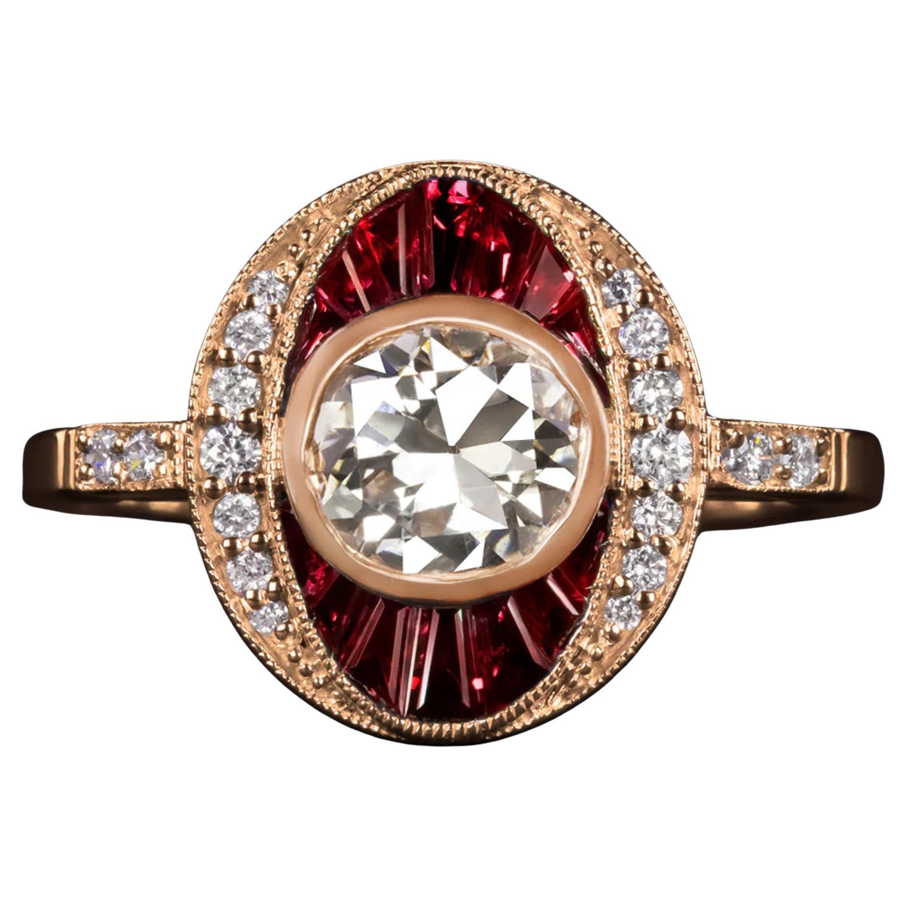 Art Deco Ruby Old European Cut Diamond Handmade Ring For Sale at 1stDibs