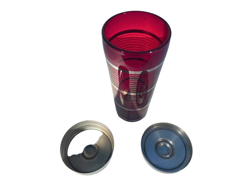 Art Deco Ruby Red Cocktail Shaker with Platinum Bands and Two-Part ...