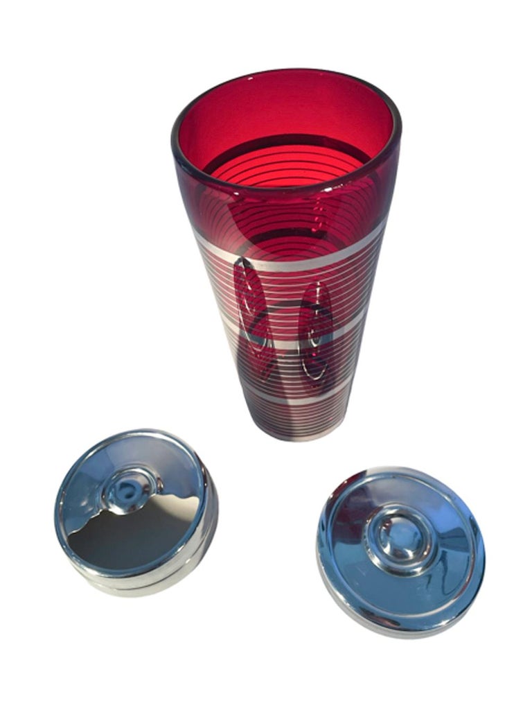 Art Deco Ruby Red Cocktail Shaker with Platinum Bands and Two-Part ...