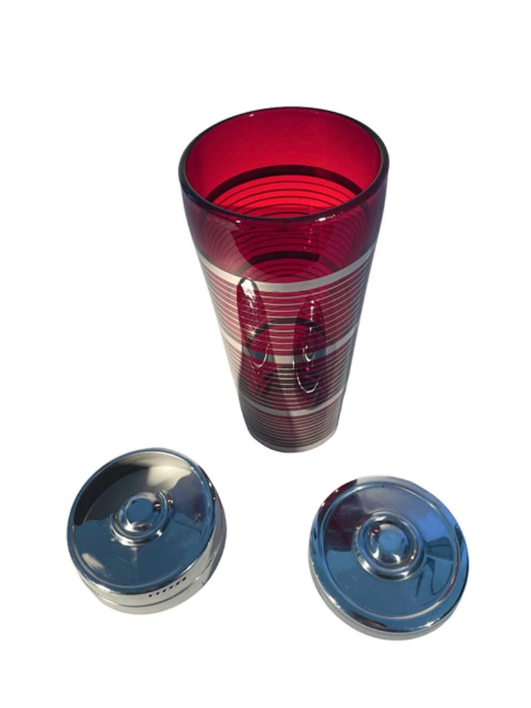 Art Deco Ruby Red Cocktail Shaker with Platinum Bands and Two-Part ...