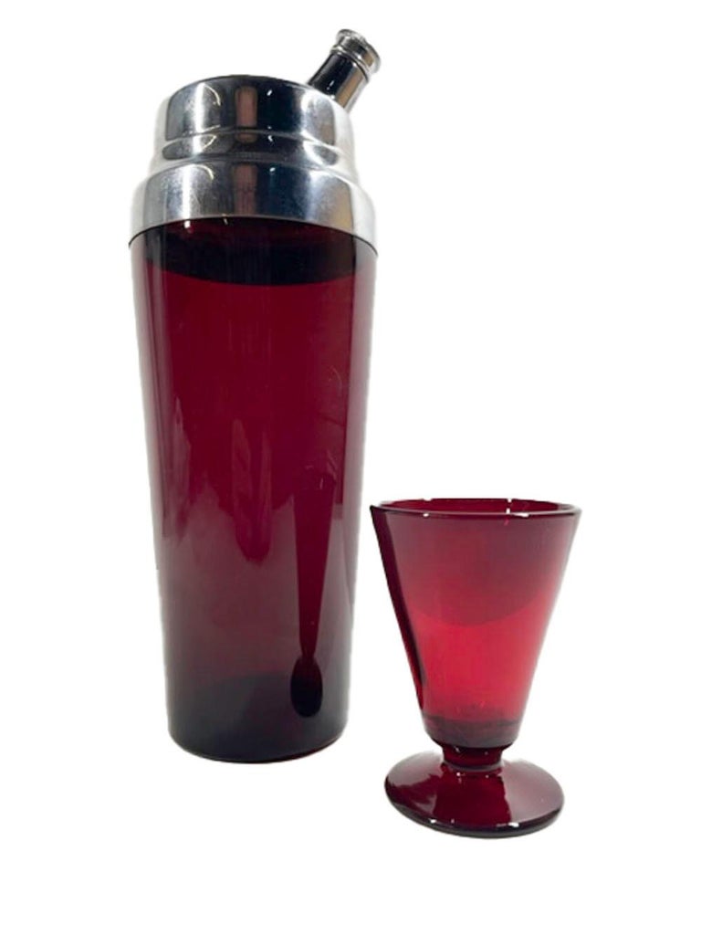 Art Deco Ruby Red Glass Cocktail Shaker with Chrome Lid and 6 Cocktail ...