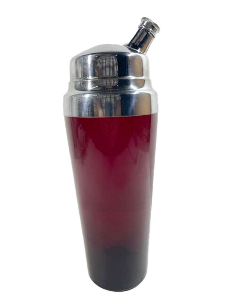 Art Deco Ruby Red Glass Cocktail Shaker with Chrome Lid and 6 Cocktail ...