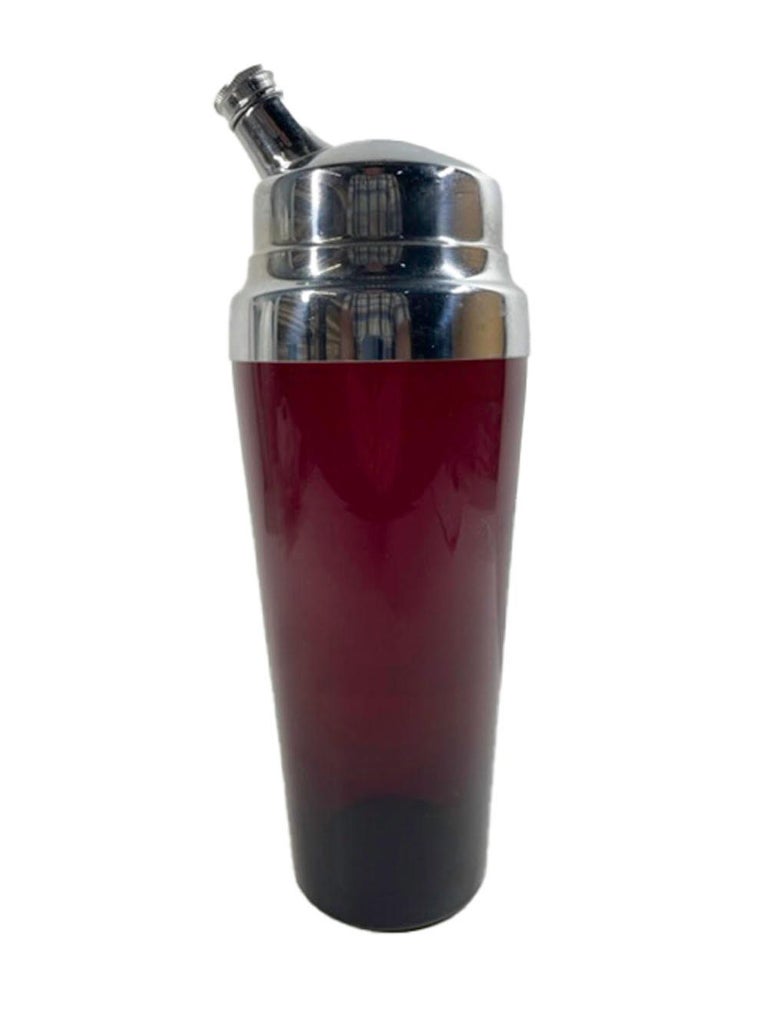 Art Deco Ruby Red Glass Cocktail Shaker with Chrome Lid and 6 Cocktail ...