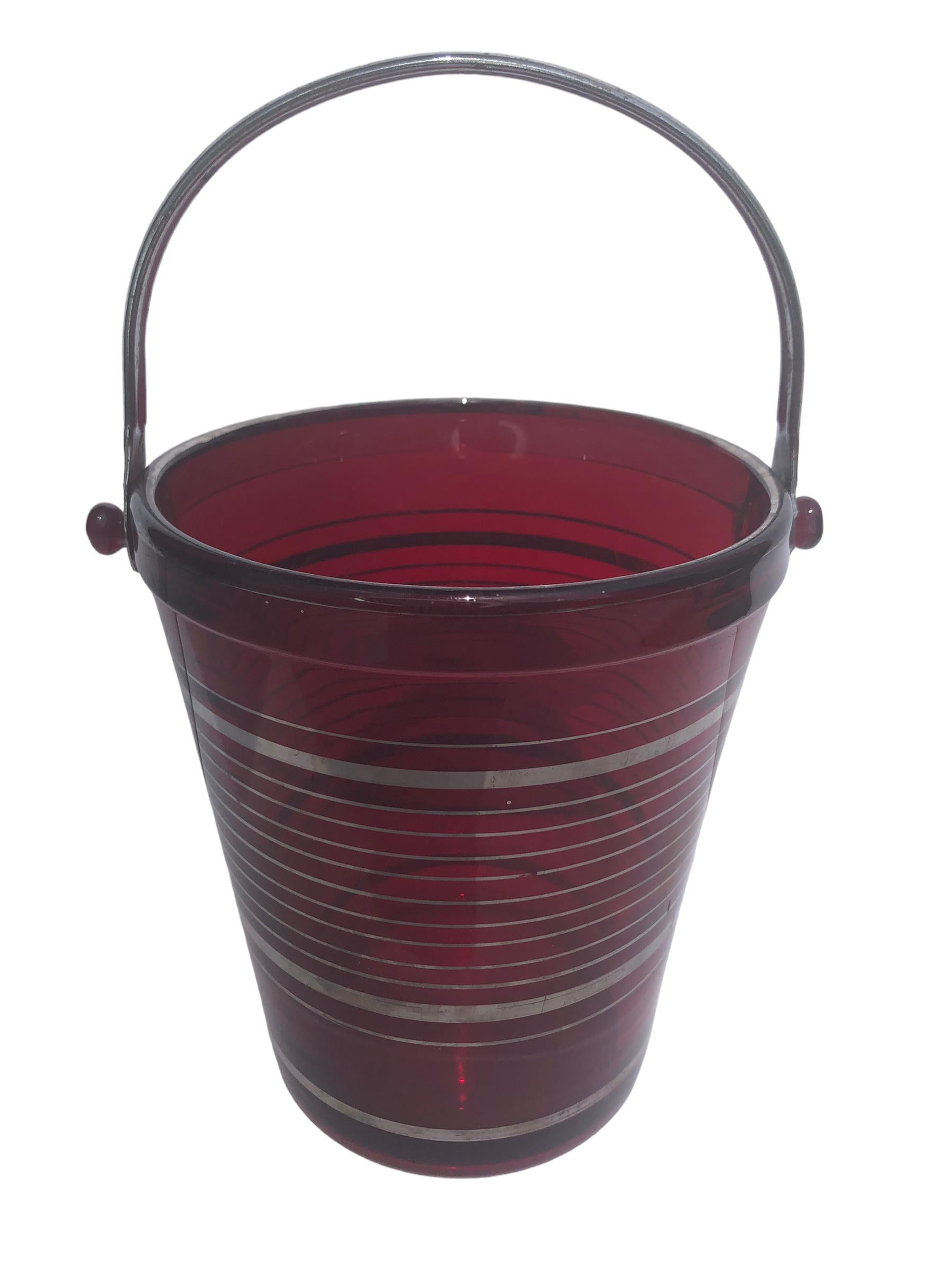 Art Deco Ruby Red Ice Bucket with Silver Overlay For Sale at 1stDibs