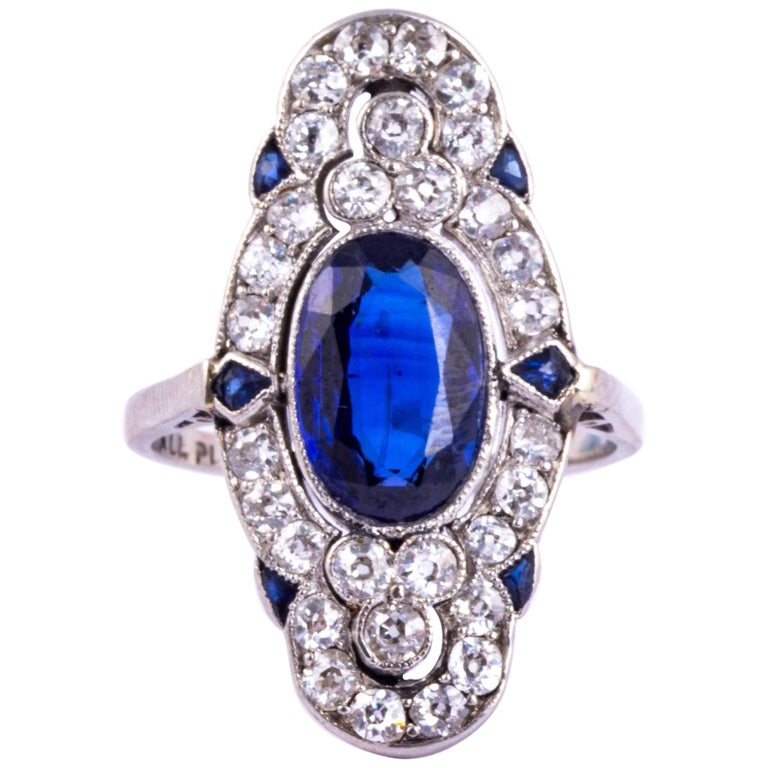 Art Deco Sapphire and Diamond Platinum Panel Ring For Sale at 1stDibs