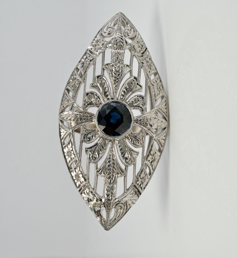 Art Deco Sapphire Ring Shield 18K White Gold Cocktail For Sale at 1stDibs