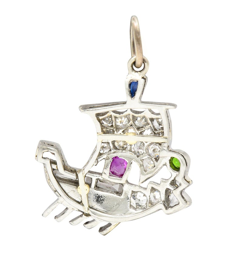 Art Deco Sapphire Ruby Demantoid Garnet Diamond Platinum Viking Ship ...