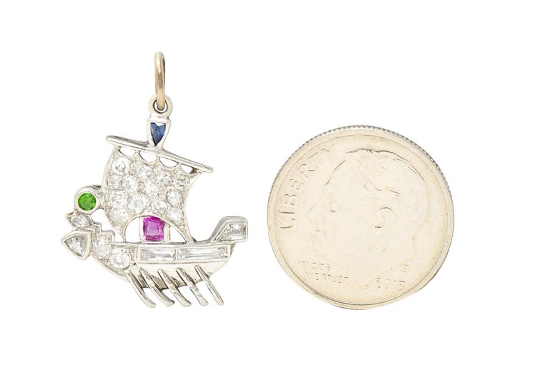 Art Deco Sapphire Ruby Demantoid Garnet Diamond Platinum Viking Ship ...