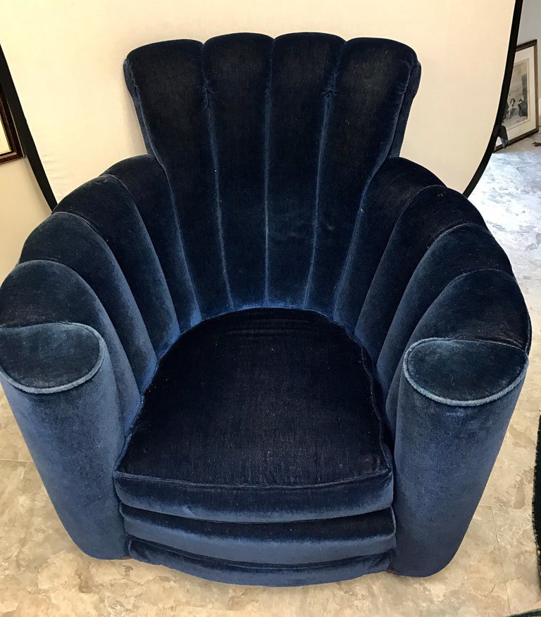 Art Deco Scalloped Upholstered Blue Velvet Large Club Chair Armchair ...