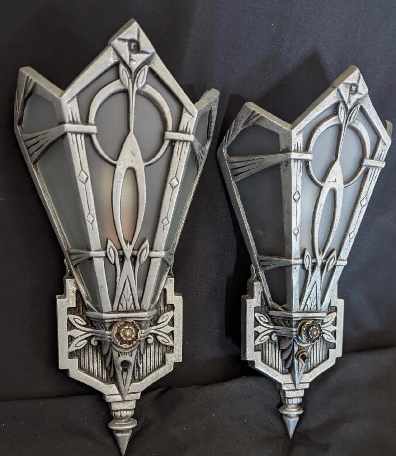 Art Deco Sconces Original 1920's Aluminum with Glass Panels Unique. For ...