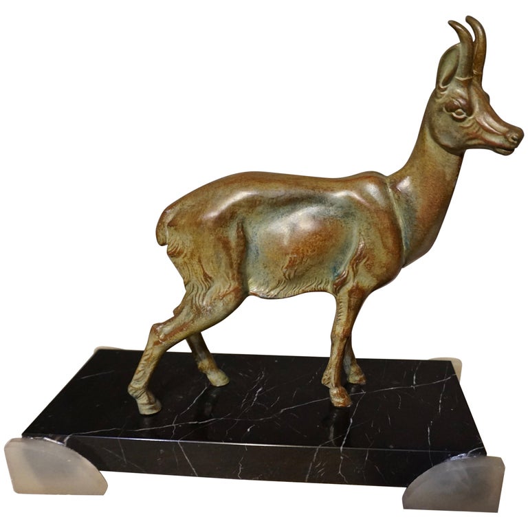 Art Deco Sculpture of Pronghorn Antelope Bronzed Deer Marble Base For ...