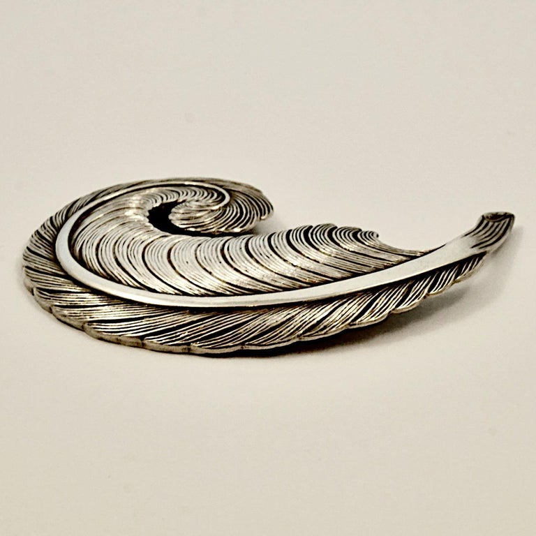 Art Deco Silver Feather Brooch For Sale at 1stDibs