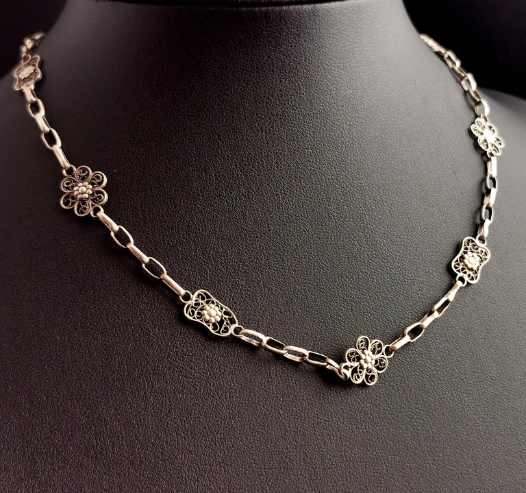 Art Deco Silver Floral Filigree and Belcher Link Chain Necklace at 1stDibs