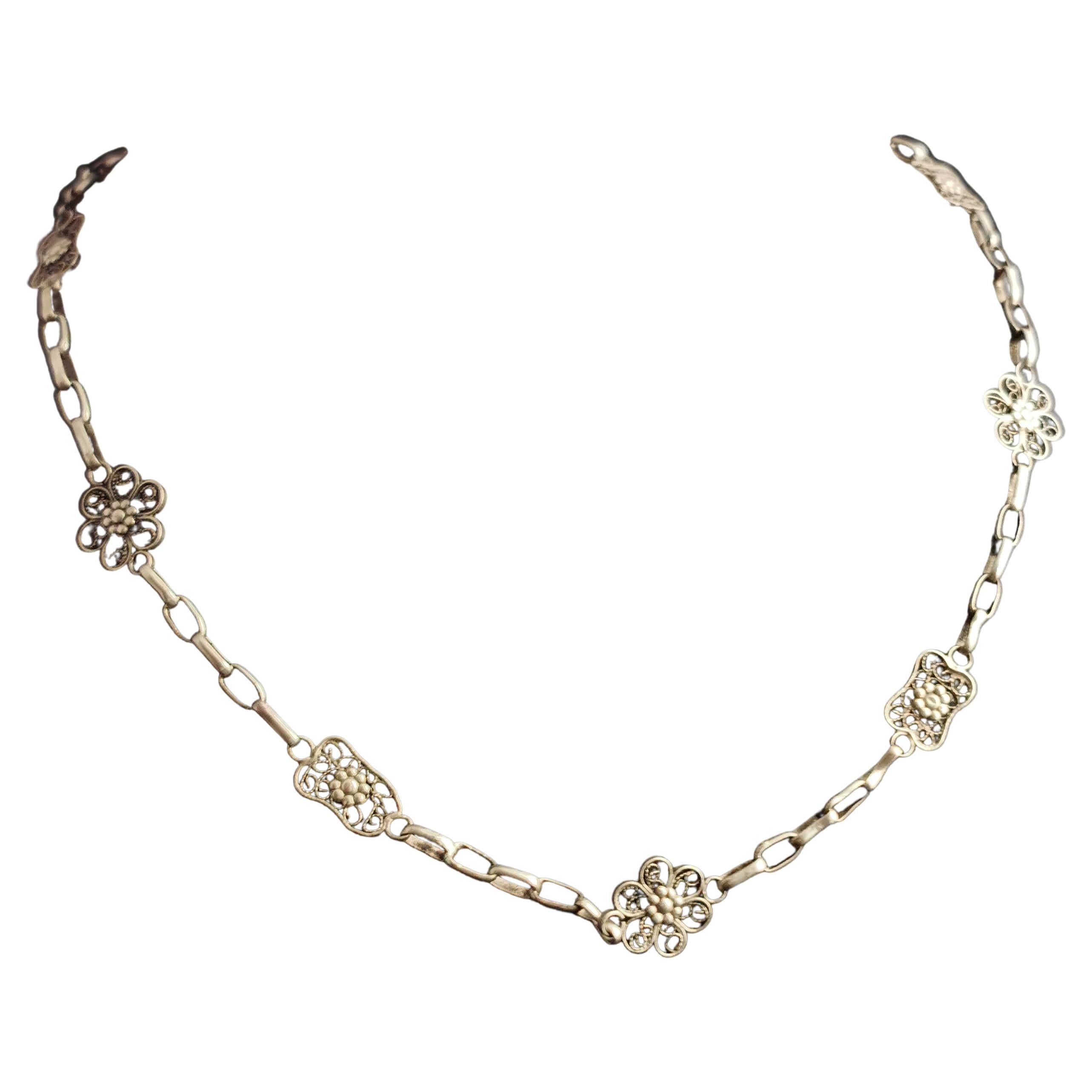Art Deco Silver Floral Filigree and Belcher Link Chain Necklace at 1stDibs