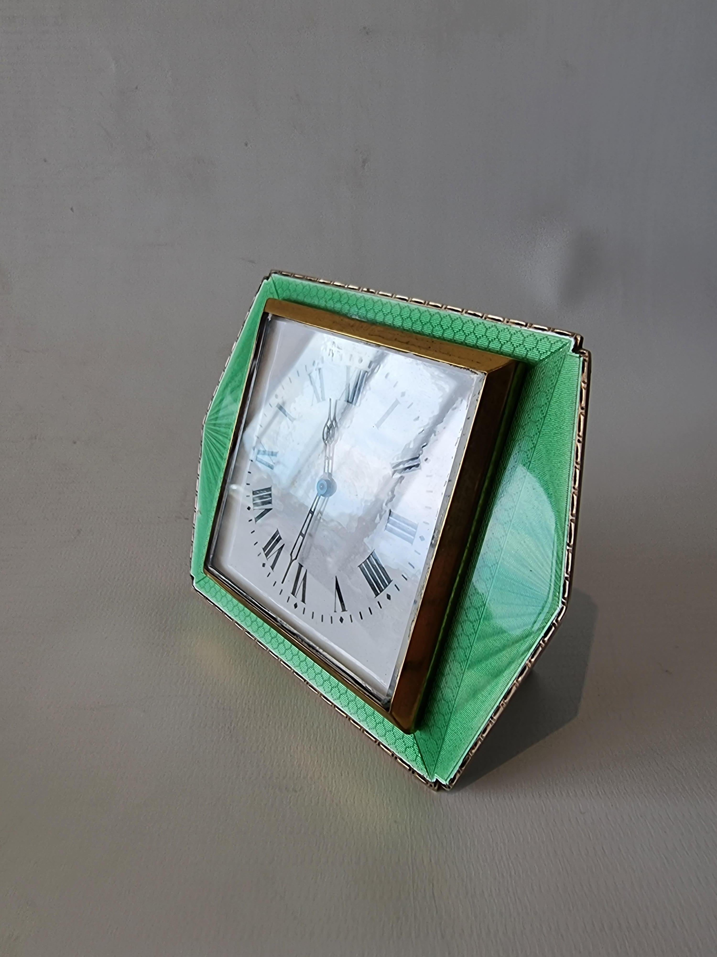 Art Deco silver and green guilloche enamel strut clock at 1stDibs