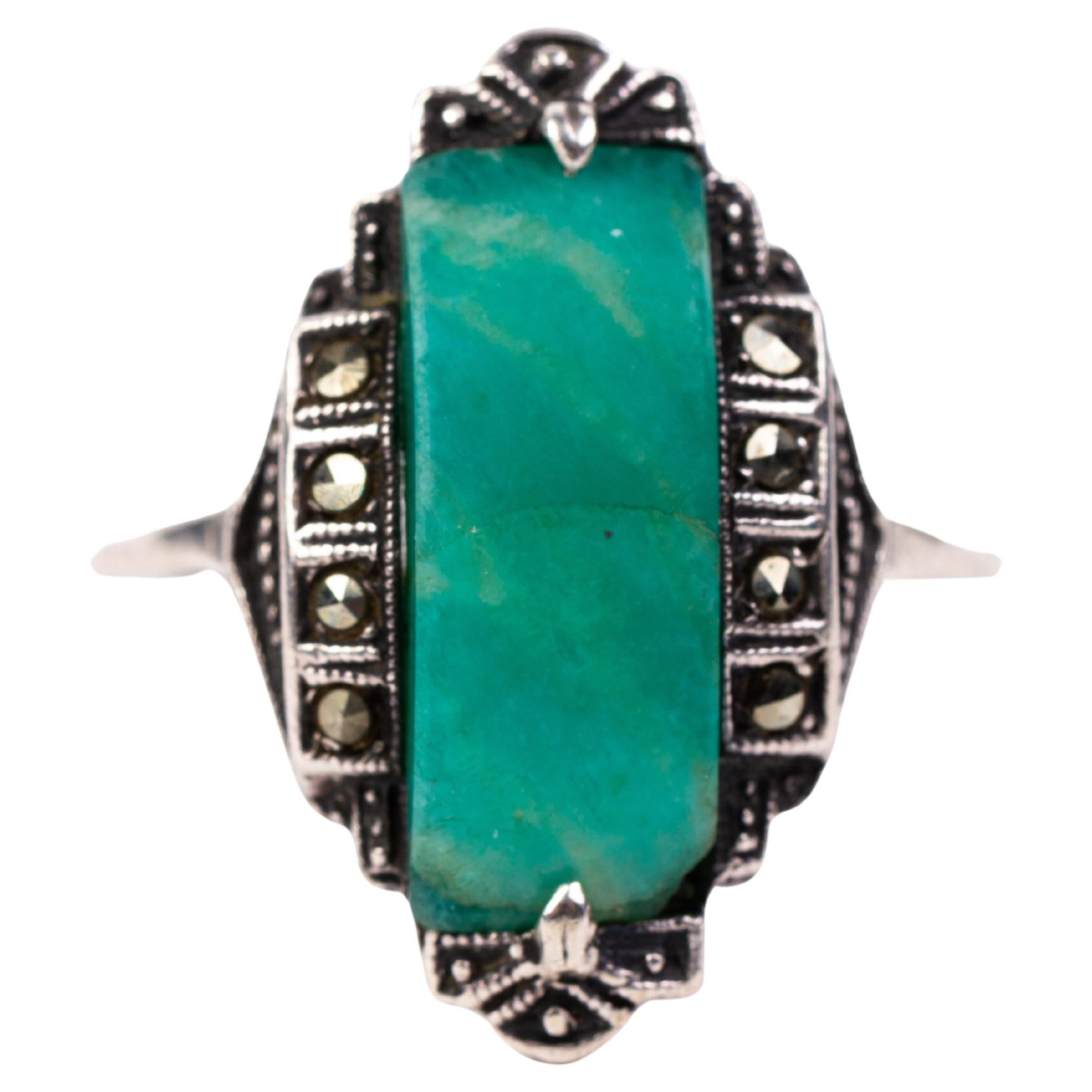 Art Deco Silver Jade and Marcassite Ring For Sale at 1stDibs